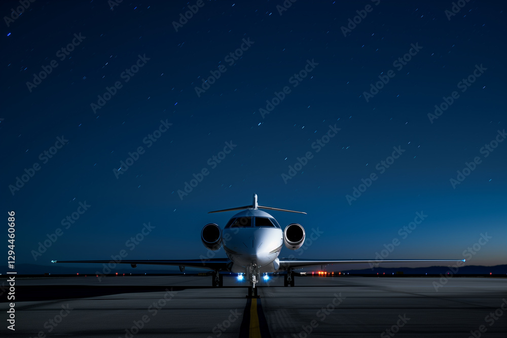 Jet parked under a starry night sky with runway lights fading into the ...
