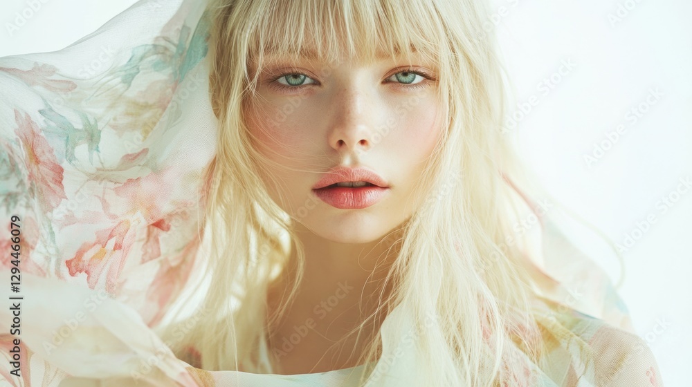 Ethereal woman in pastel attire gracefully poses with flowing fabric ...