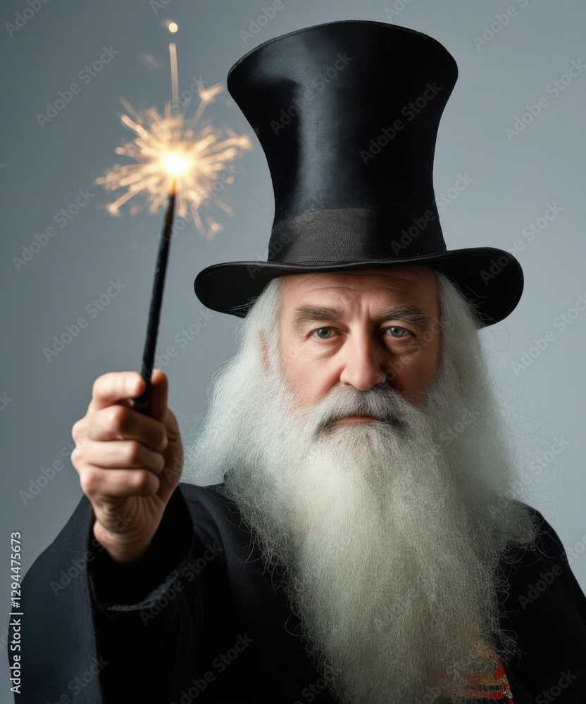 Mago barba canosa, sombrero chistera negro sujetando la varita mágica ...