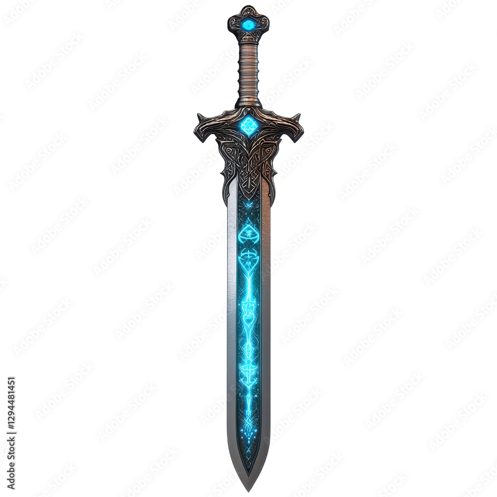 Radiant Silver Sword with Glowing Runes and Blue Light Effects. Fantasy ...
