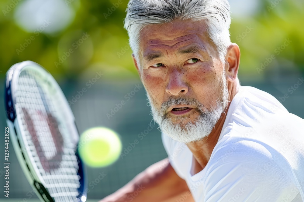 Japanese man of mature age plays tennis on a modern court, holding his ...