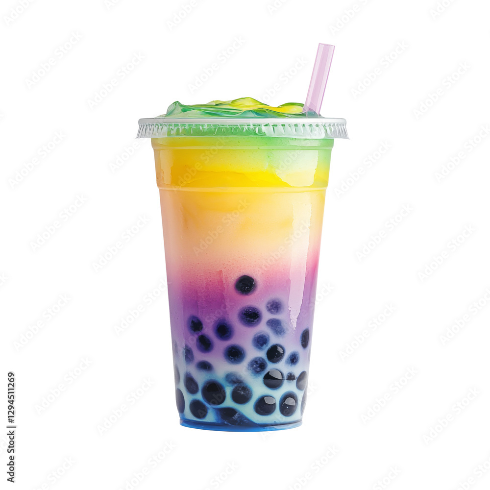 Colorful bubble tea with layers of vibrant colors and tapioca pearls ...