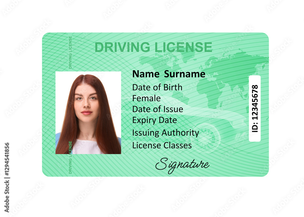 Driver's license with photo of woman and world map illustration ...