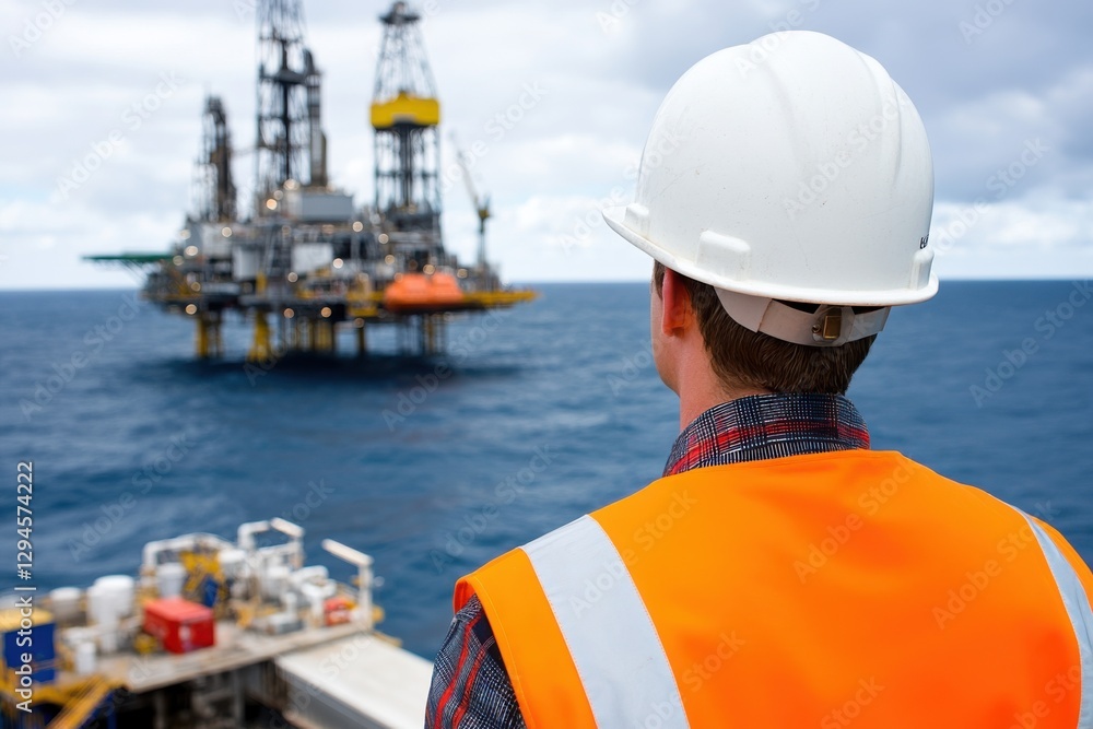Oil rig worker wearing safety vest and hard hat, observes operations on ...
