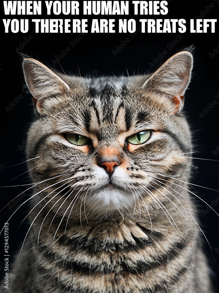 Funny Grumpy Tabby Cat Meme No Treats Left Disappointed Pet Close-Up ...