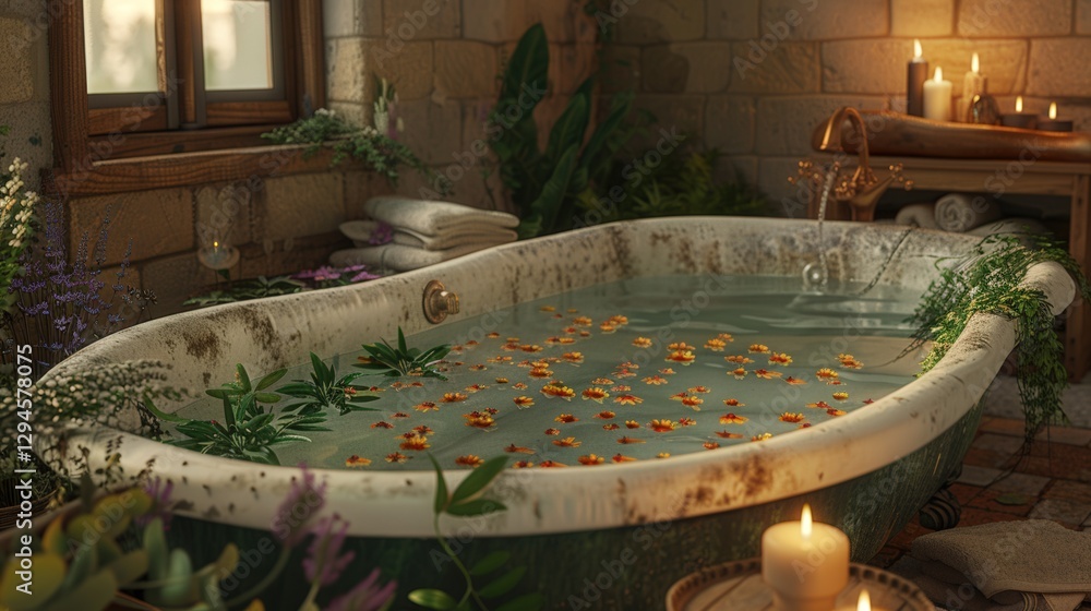 Herbal Bath Preparation. The bathroom features a large tub filled with ...