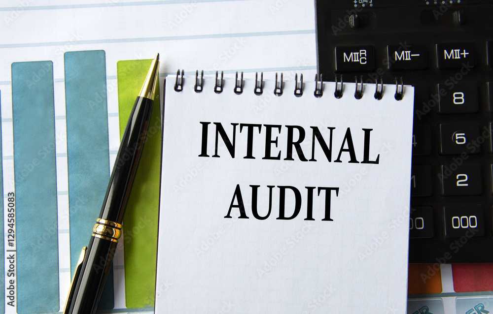 INTERNAL AUDIT - words in a notebook on the background of a calculator ...