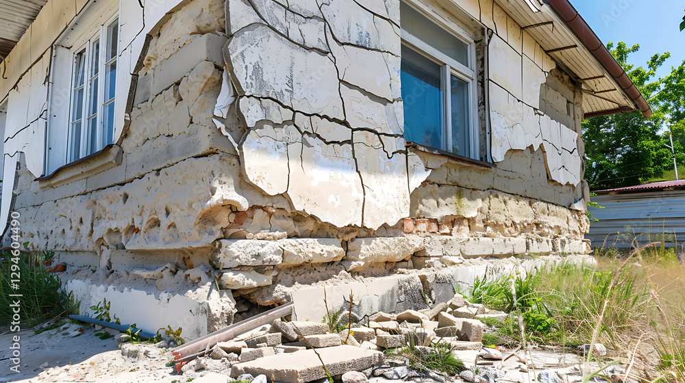 Severely damaged house corner with cracked foundation and crumbling wall. Building in disrepair ...