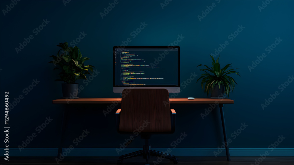 Coding in a modern workspace home office digital art nighttime front ...