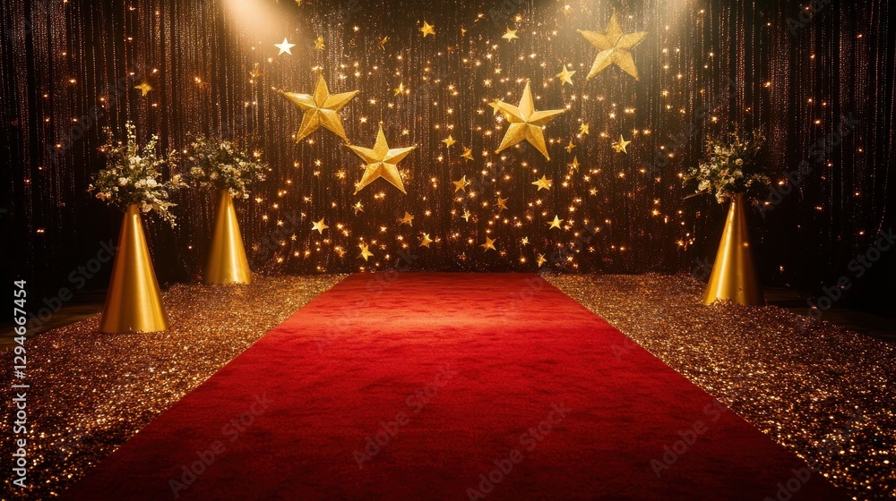 Red carpet event with gold star decor and glittery gold stage setting ...