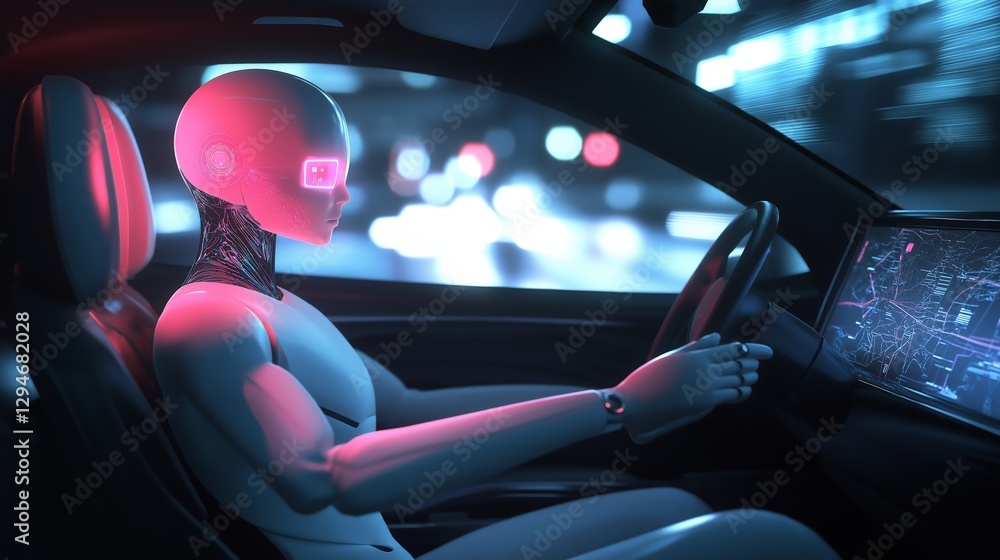 A humanoid robot AI agent taxi driver in a vehicle symbolizing agentic ...
