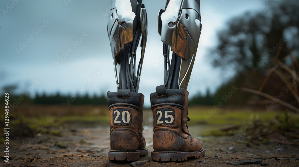 A humanoid robot AI agent wearing boots with the year 2025 on them ...