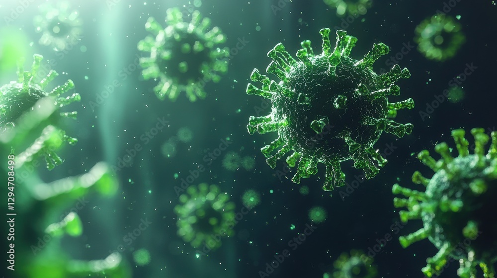 Microscopic view of viruses, illuminated with a soft green glow. The detailed rendering ...