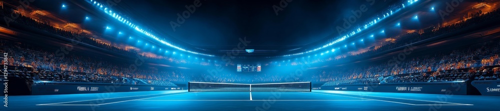 Vibrant futuristic tennis arena with blue lighting effects enhancing ...