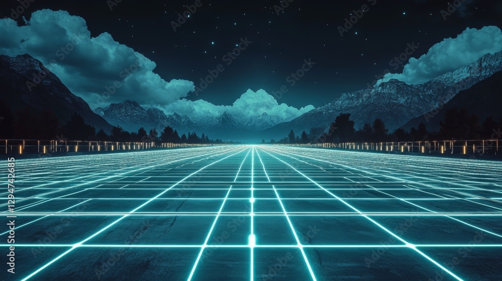 An 80s and 90s-inspired 3D green neon retrowave grid and wireframe road ...