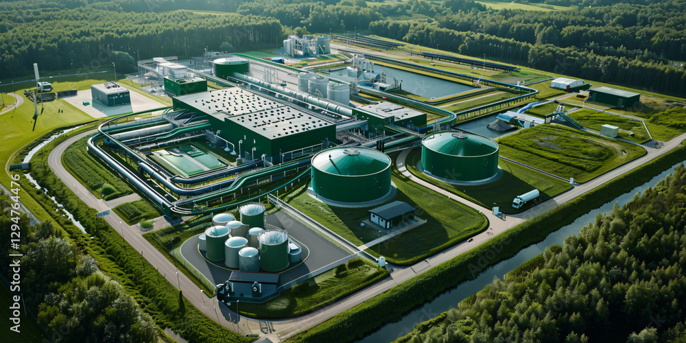 A large-scale anaerobic digestion plant with pipelines transporting biomethane, visually ...