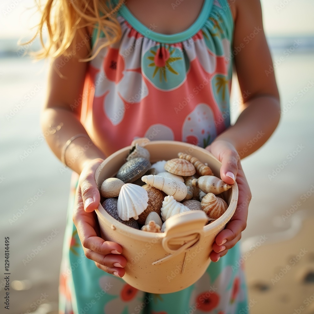 young girl holding small bowl filled seashells she standing sandy beach ...