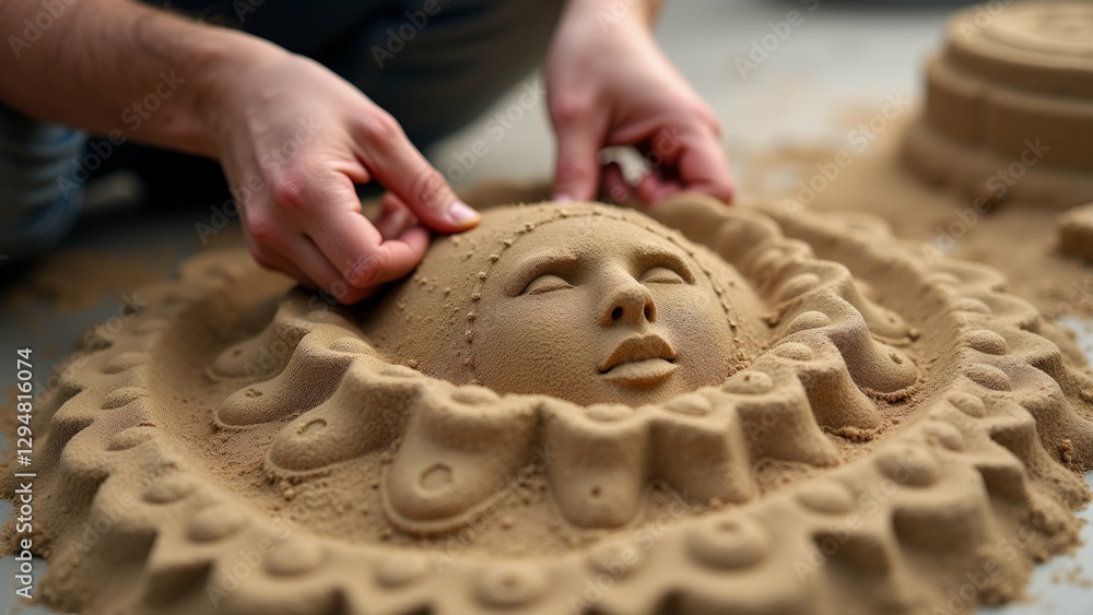 person hands working sand sculpture woman face sculpture shape sun face ...