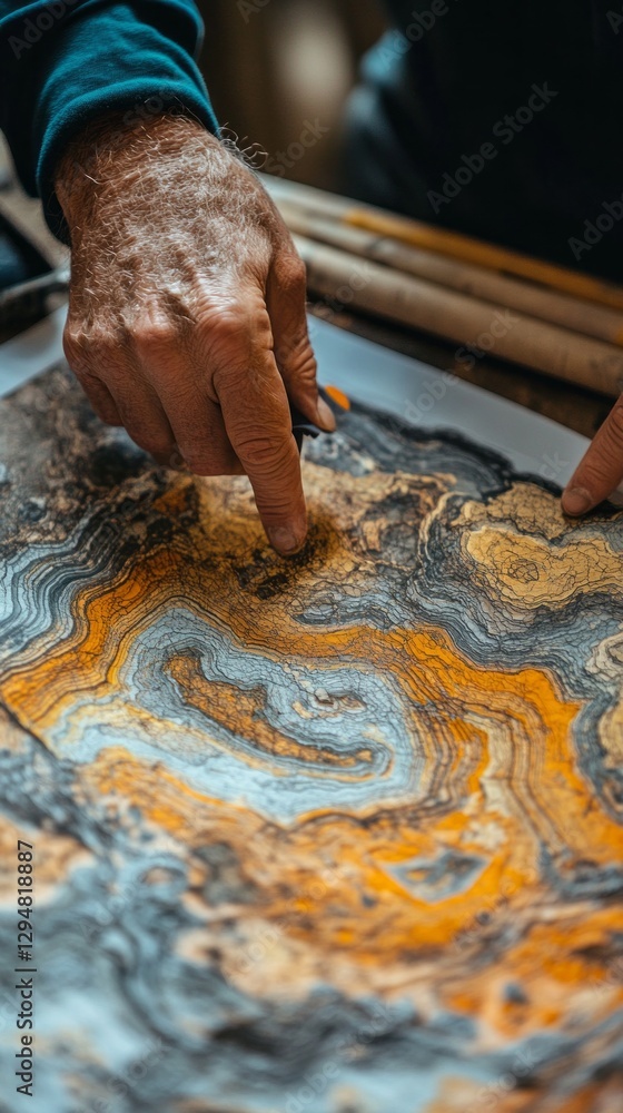 Two geologists examine a detailed geological map, identifying key ...