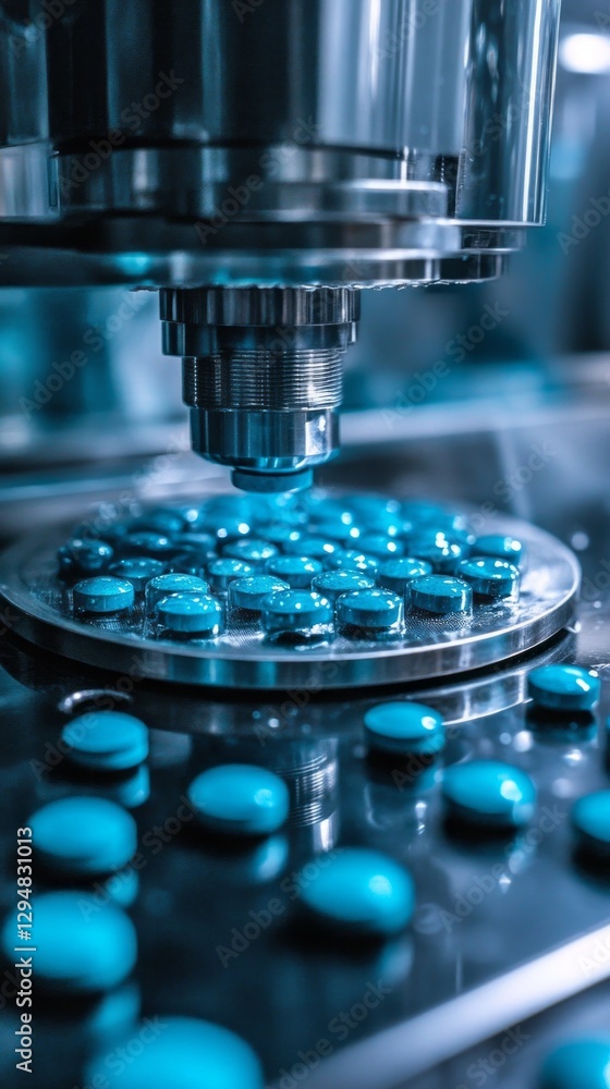Tablet press machine operates in a cleanroom, forming uniform blue ...