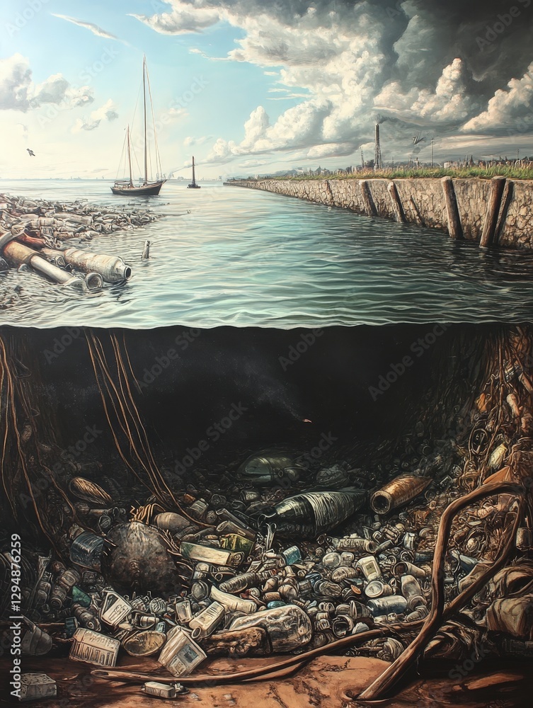A surreal depiction of a polluted ocean with sea creatures trapped in ...