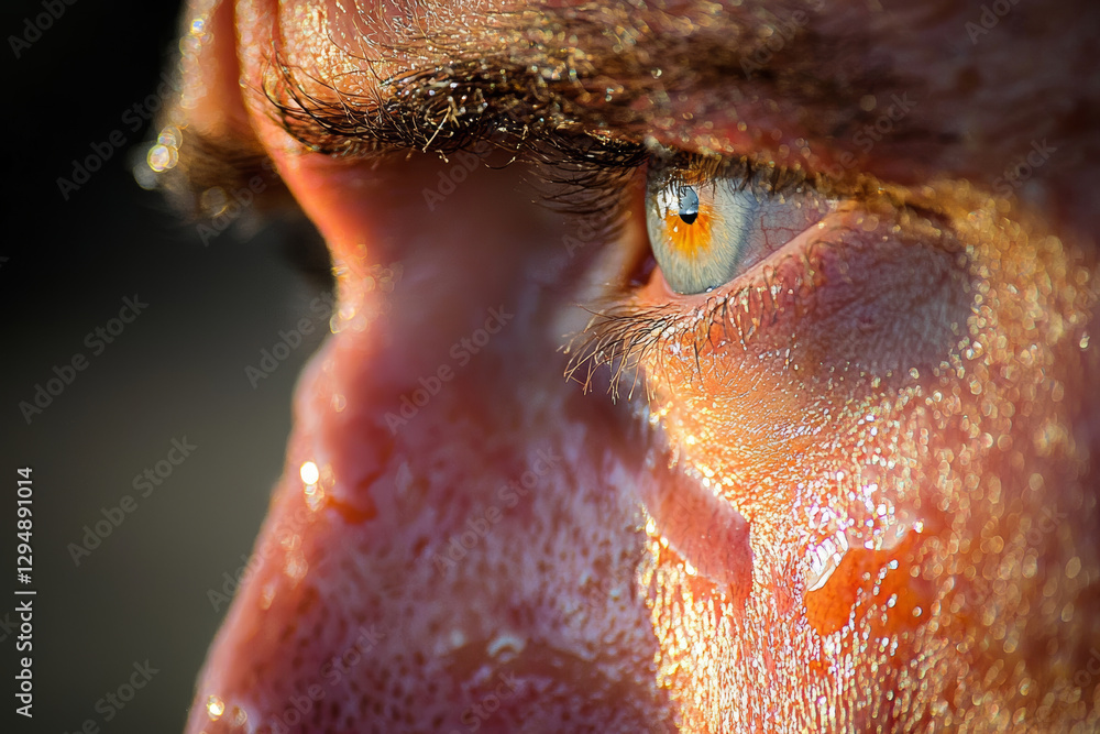 close up of person face showing intense emotion, with sweat glistening ...