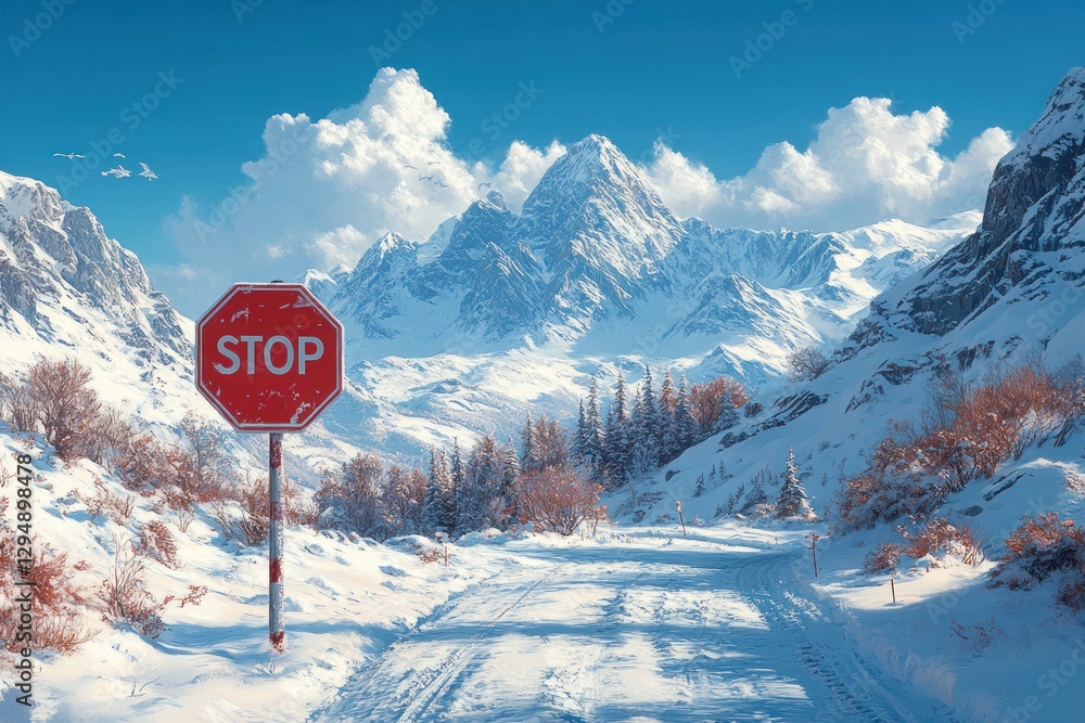 Stop Sign Warning at Ski Resort Indicating Caution for Avalanche Risk ...