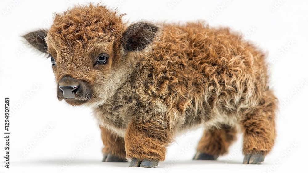 baby buffalo stands proudly its curly reddish brown coat thick and ...