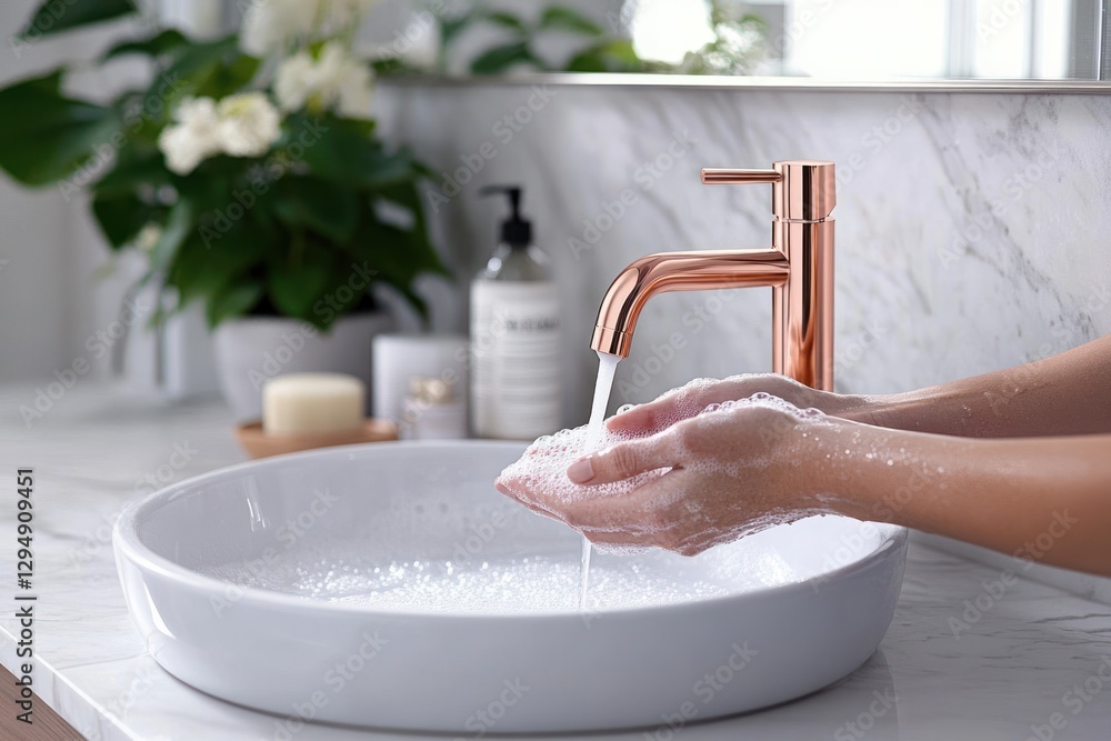 Hand Washing Self Care Hygiene under Copper Faucet in Modern Bathroom ...