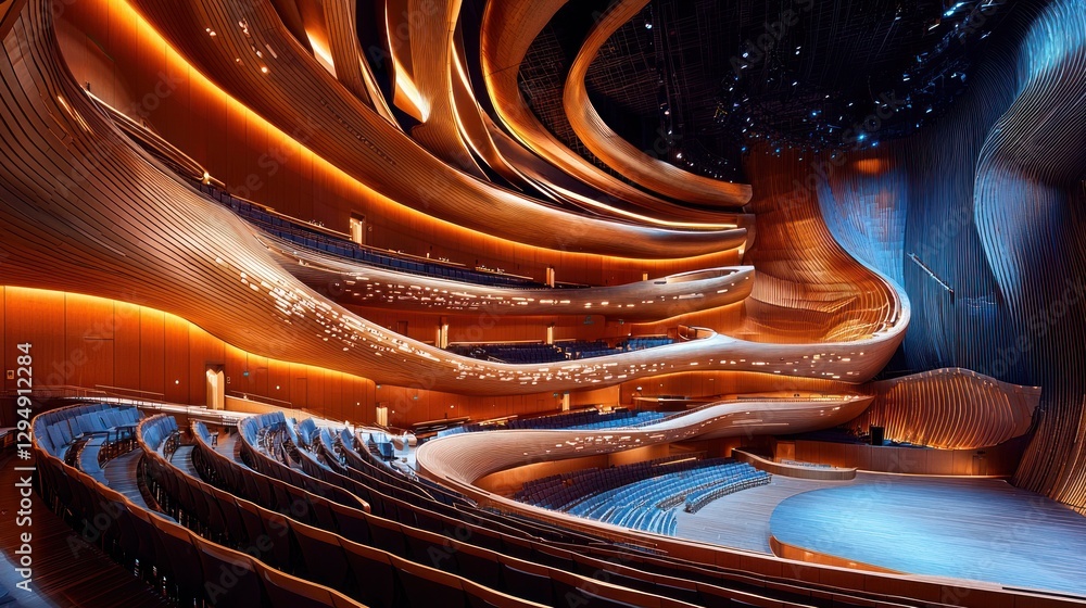 Interior view of a modern concert hall with curved wooden architecture ...