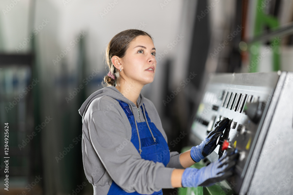 Girl workshop employee switches toggle switch on control panel ...