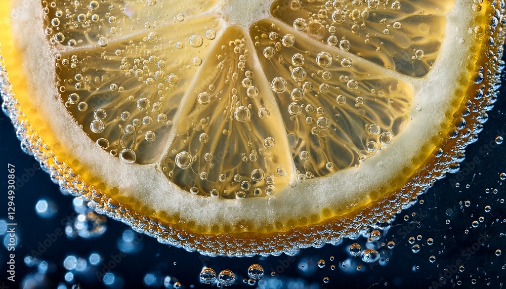 Ultra macro of a lemon slice floating in sparkling water, with tiny ...