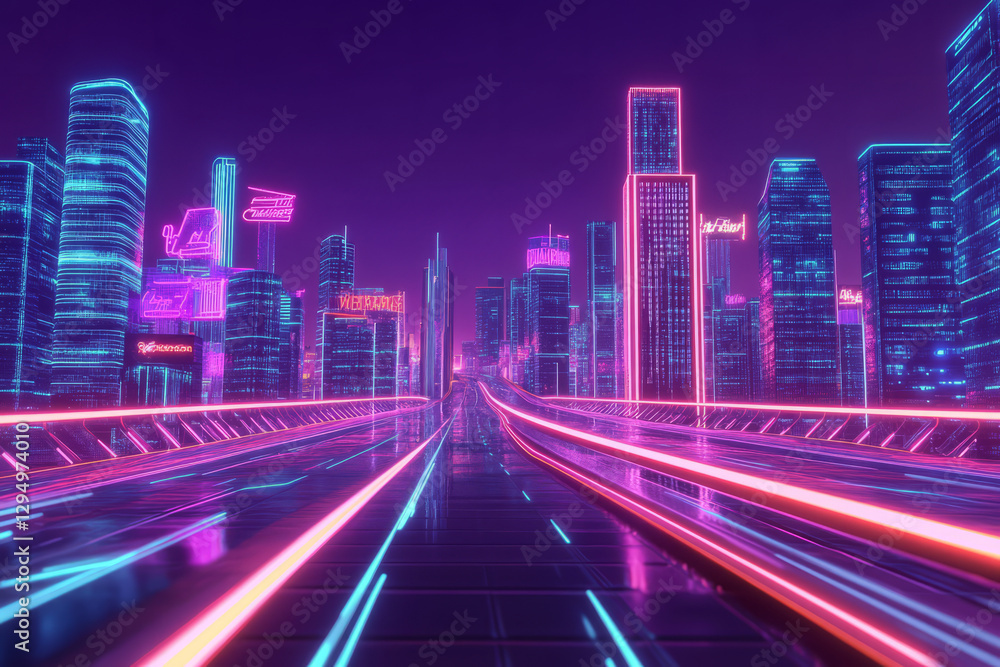 A neon synthwave city 3D background featuring a glowing cyber podium ...