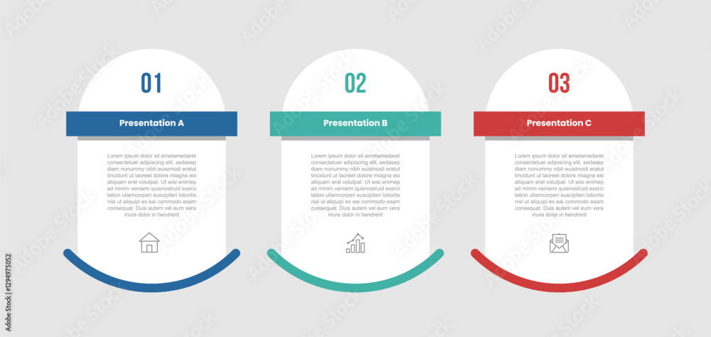 3 stage infographic diagram with creative round rectangle with header ...