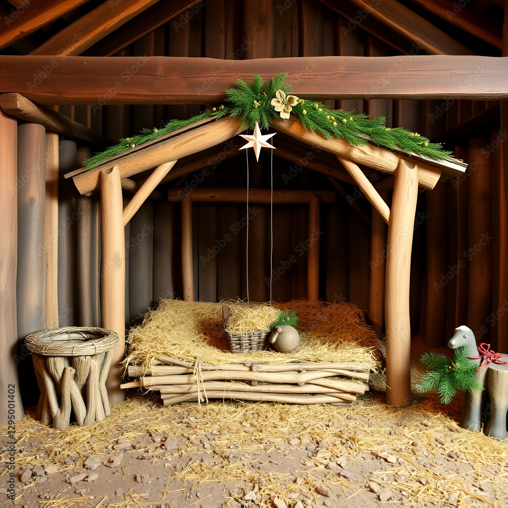 Empty manger set in a rustic barn, evoking the humble setting of a ...