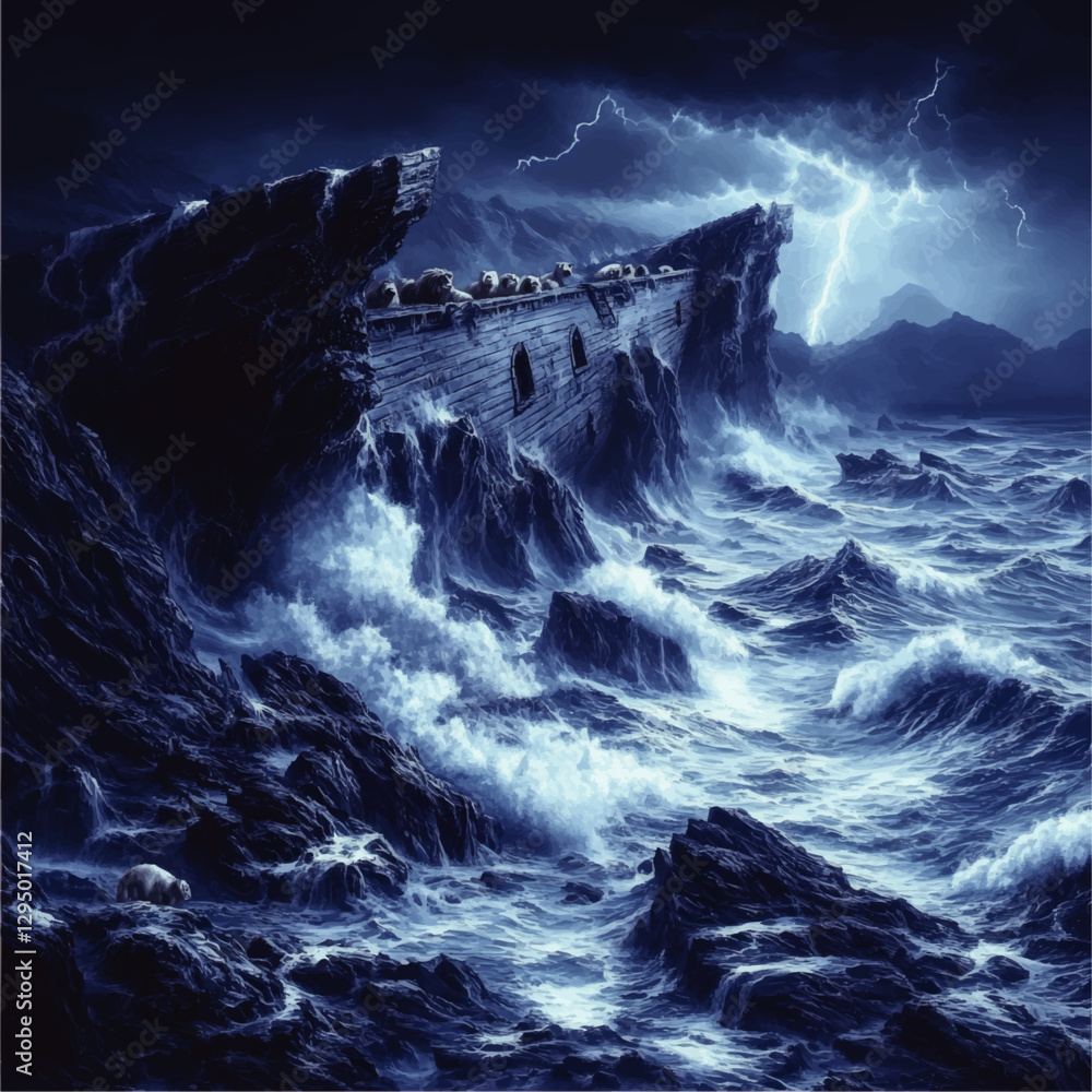 Dramatic Vector Art of Noah's Ark in Stormy Sea; Lightning, Waves, Animals and Dark Mountains in ...
