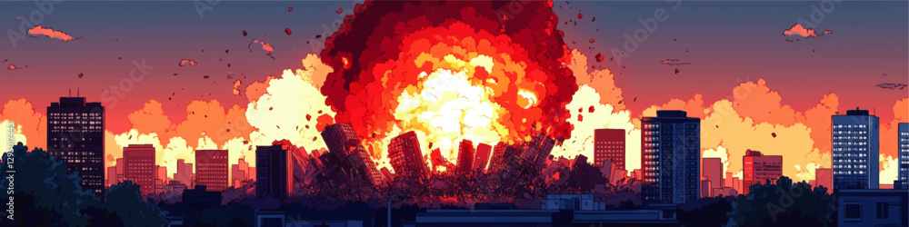 Dramatic City Explosion with Fiery Sunset: Detailed Vector Art of Urban ...