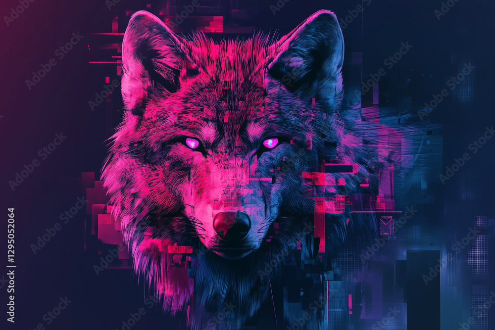 NFT wolf with cyberpunk color palette and glitch effects isolated solid ...