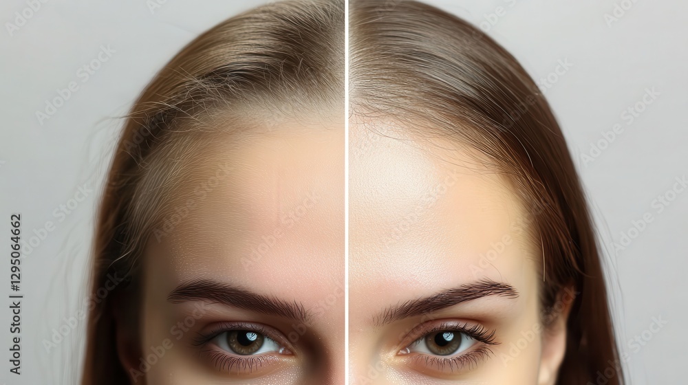 Before and after head shot of a young woman with a receding hairline on ...