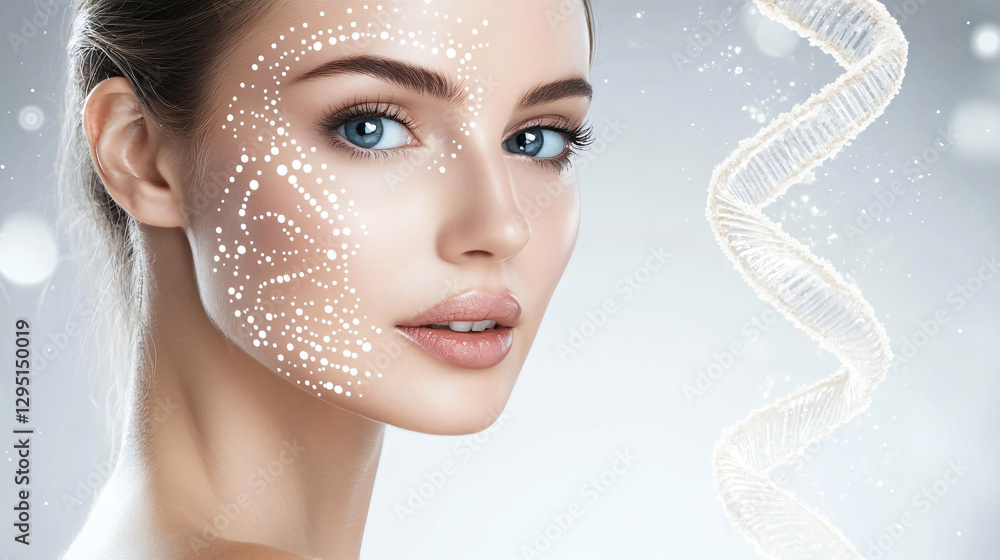 Woman holding a dna strand in her hands with an engaging expression signifying the connection to ...