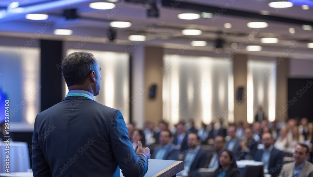 Speaker giving a talk at a corporate business conference. Audience in ...