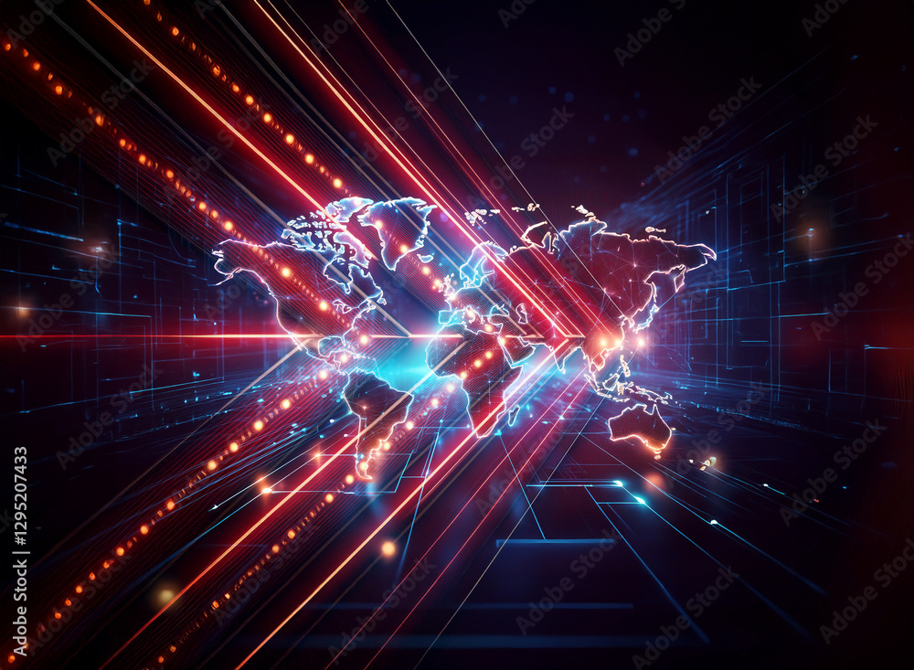 Double exposure world map with digital grid overlay, featuring bright ...