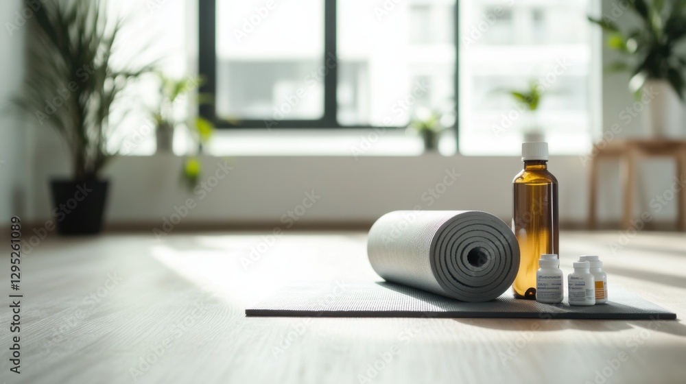 Obesity drug beside a yoga mat and a bottle of water in a minimalist ...
