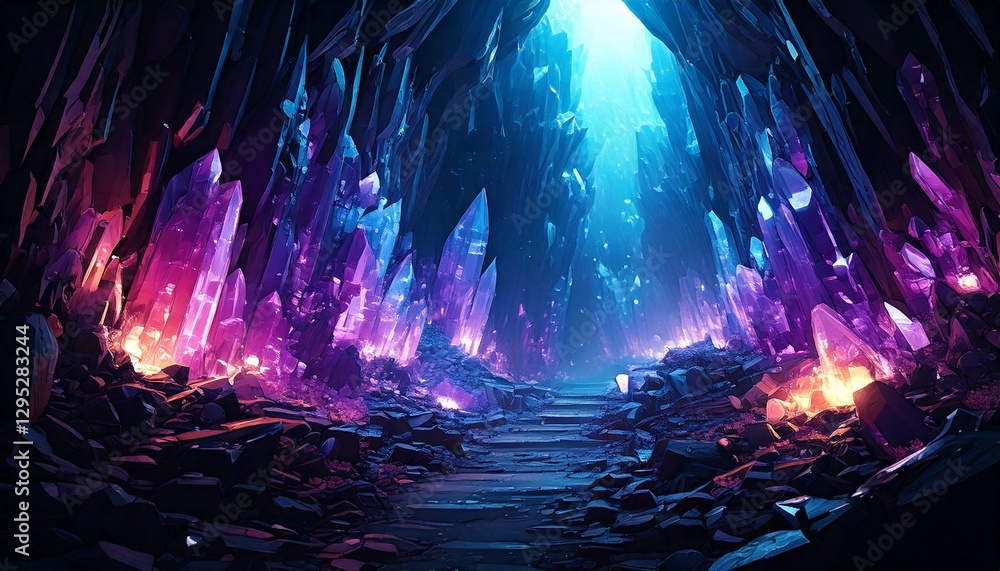 Ethereal Obsidian Cavern – A dark, mystical cave where sharp, glowing ...
