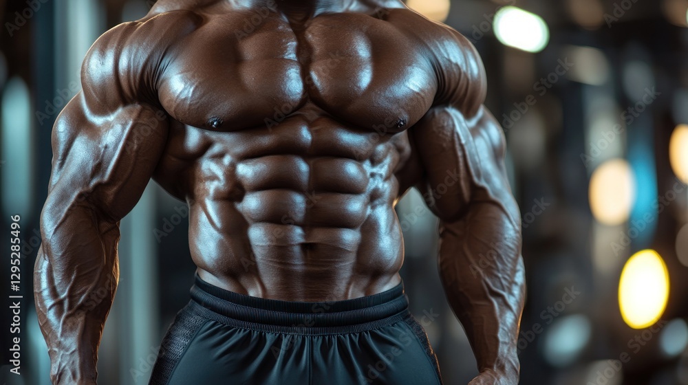 Muscular bodybuilder posing in gym with blurred weights Stock Photo ...