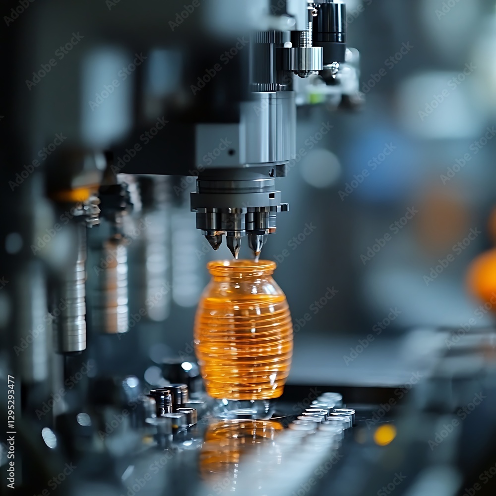 Machine dispensing liquid into a glass jar on a production line Stock ...