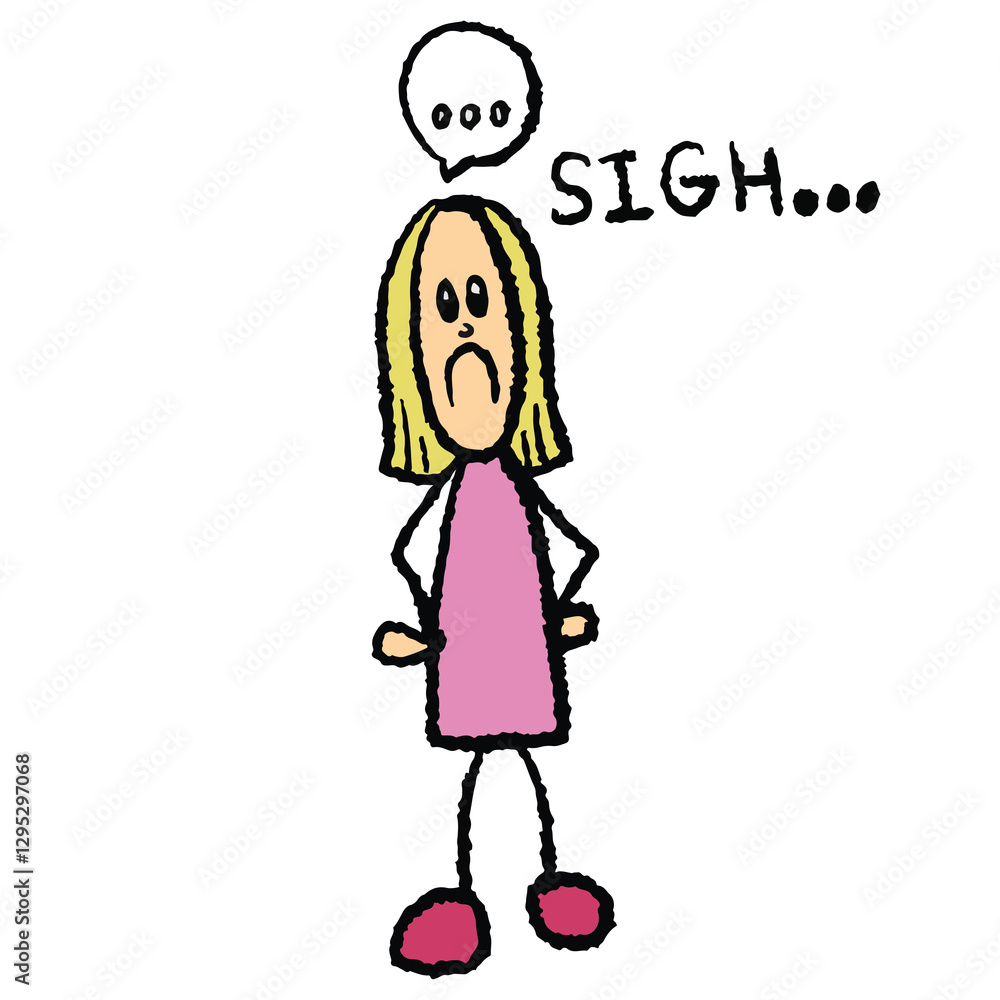 Hand drawn crayon illustration of grumpy girl sigh for expression, mood ...