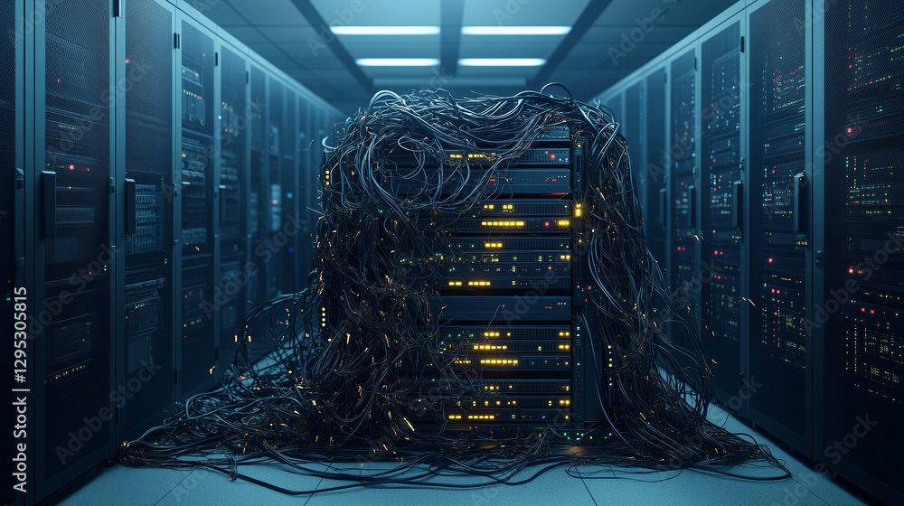 Digital Data Overload: A striking visual of a server rack overwhelmed by a dense network of ...