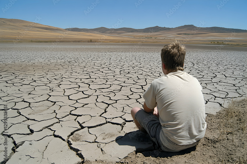 Contemplating climate change effects, A lone figure gazes over a ...