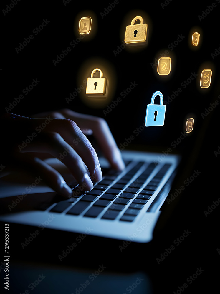 Cybersecurity measures, Person typing on a laptop with digital lock icons floating above ...